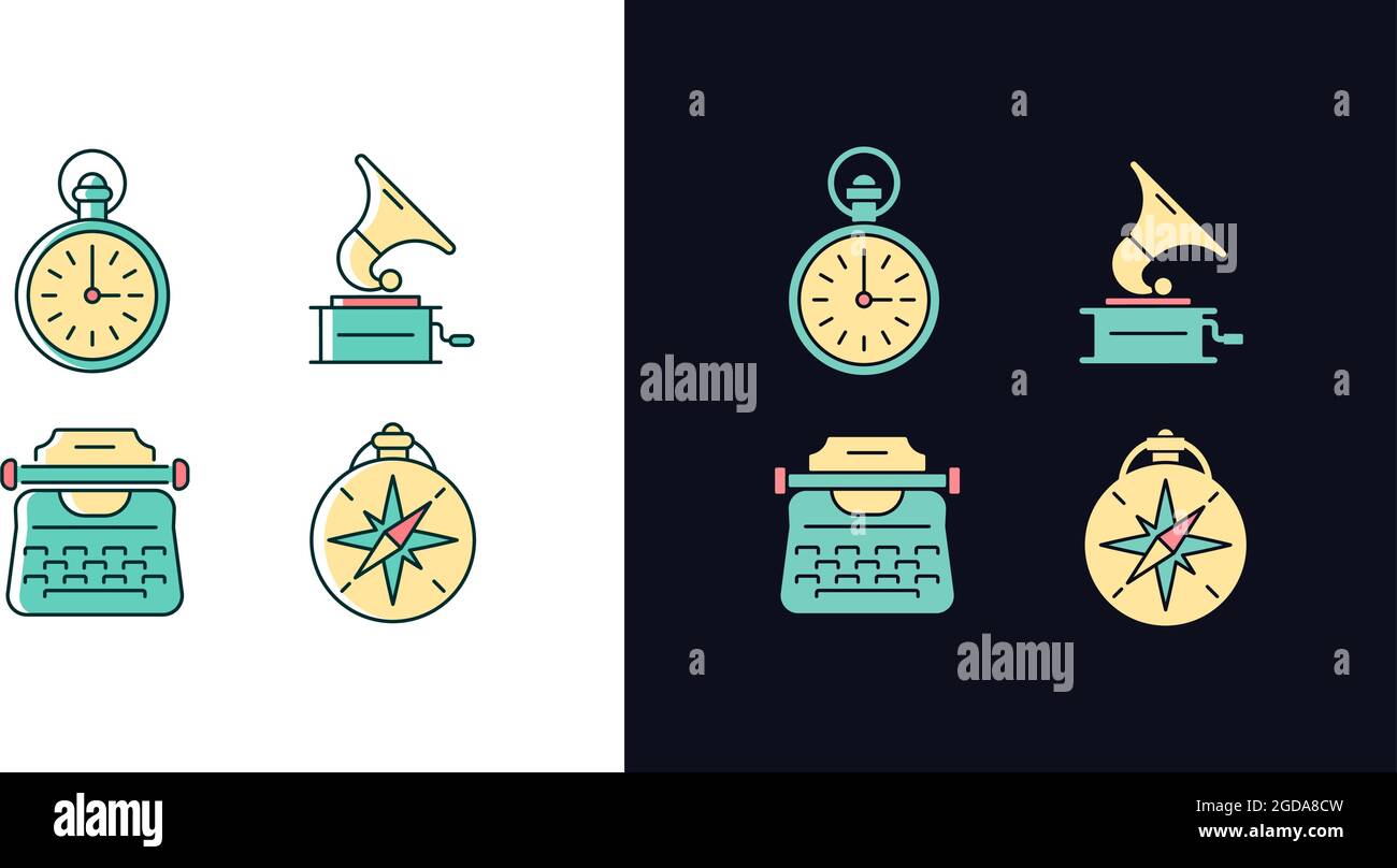 Old-fashioned items light and dark theme RGB color icons set Stock ...