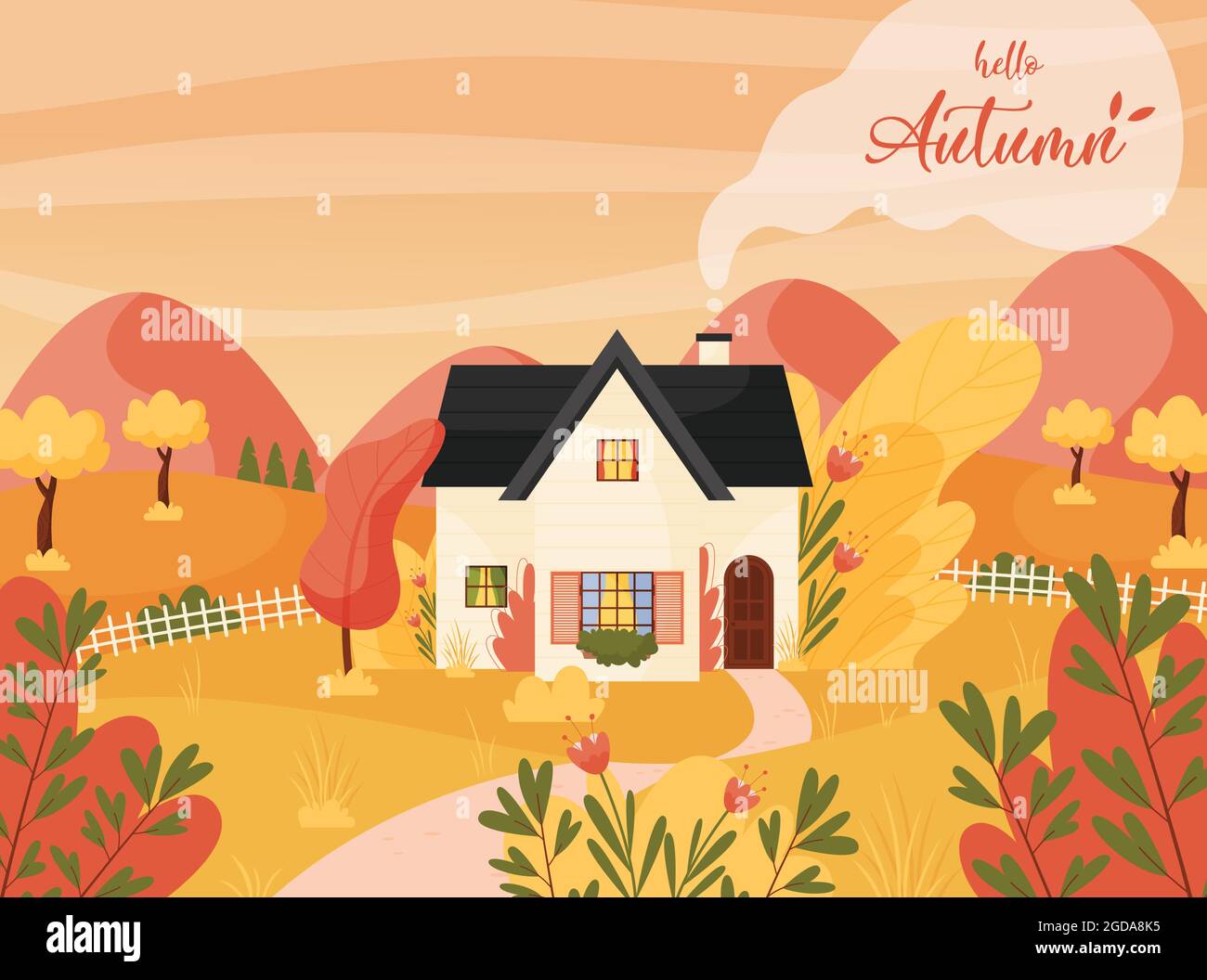 Golden fall season. Autumn landscape scene with farm cottage house ...
