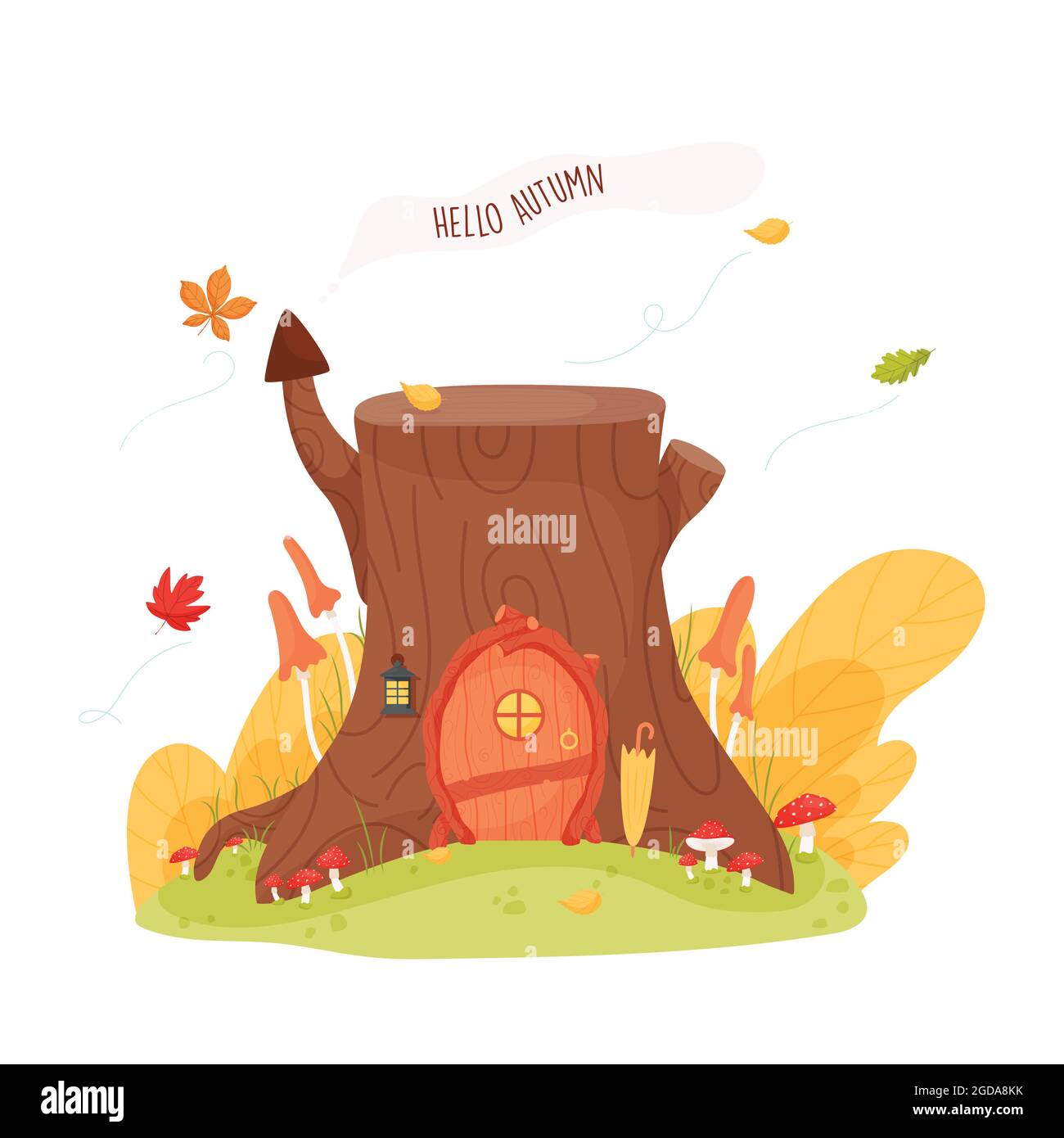 Fairy tiny forest house in the stump tree. With text Hello Autumn. Cute ...