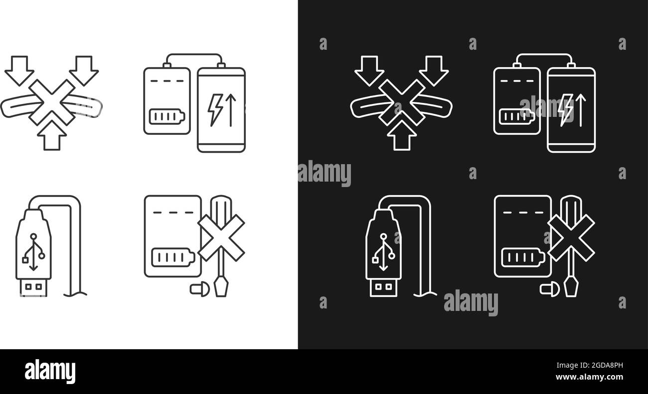 Powerbank proper use linear manual label icons set for dark and light ...