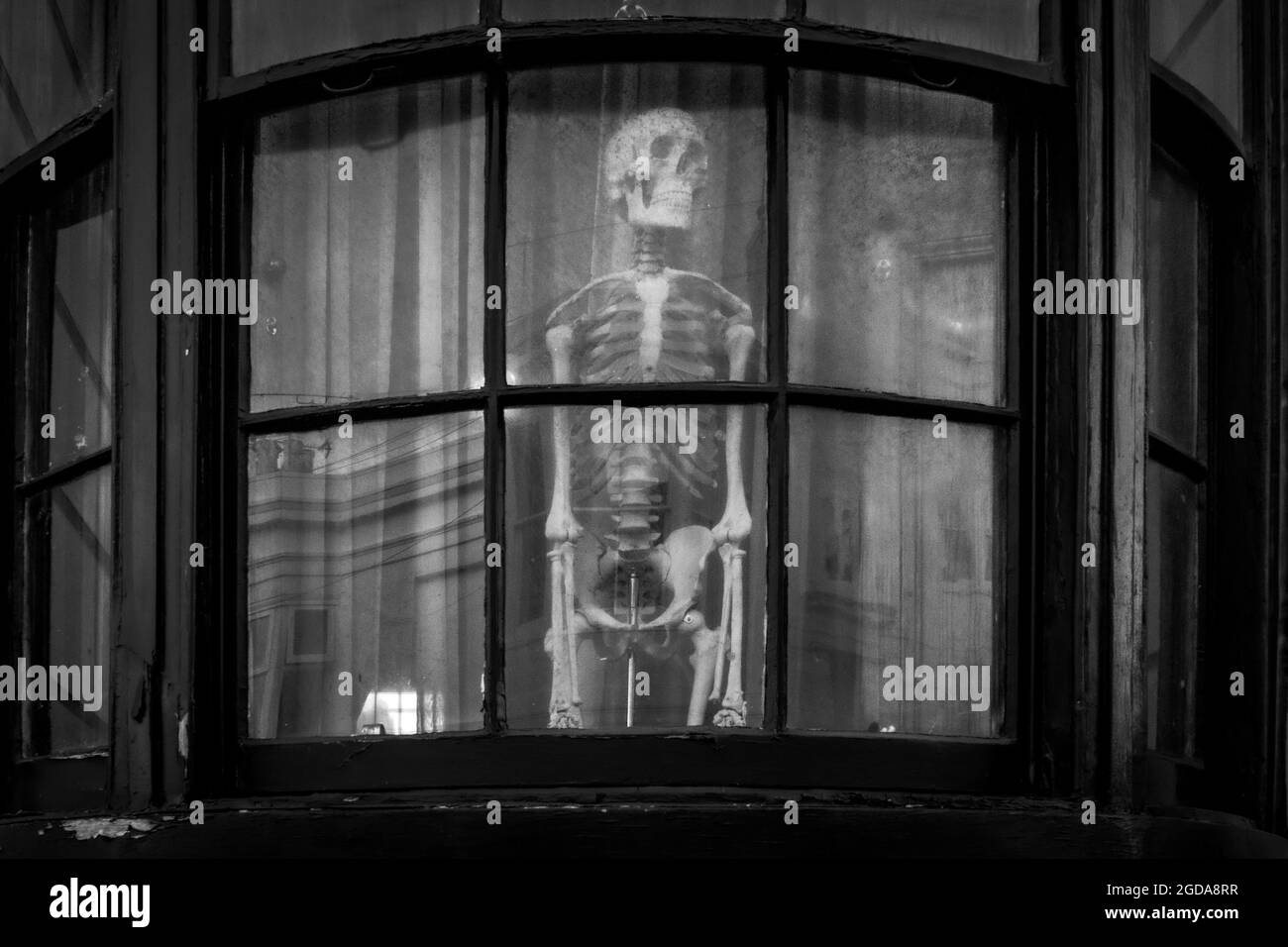 Grayscale shot of a skeleton inside a building seen through a window ...