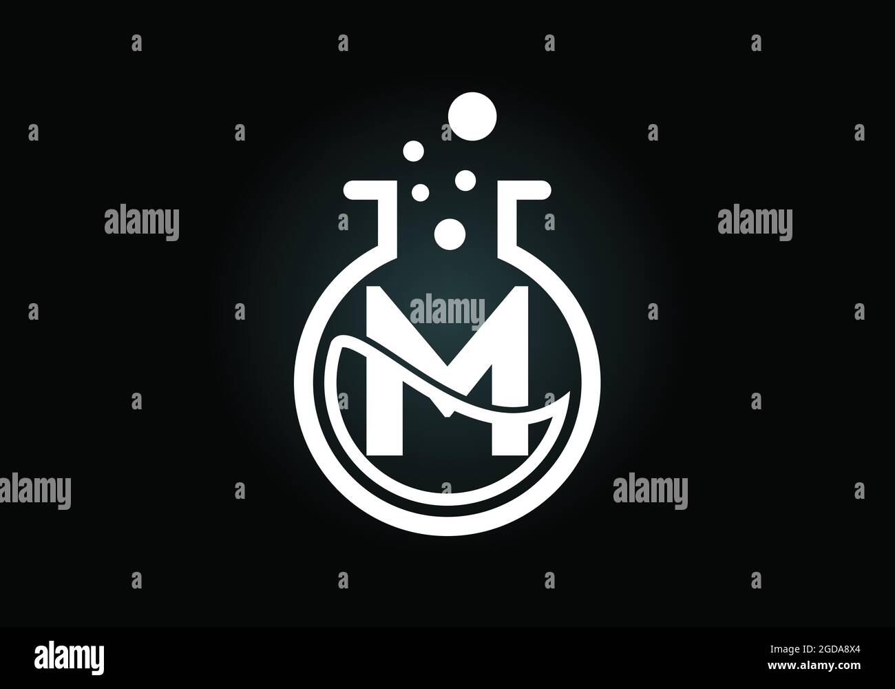 Initial M monogram alphabet with lab glass, chemical liquid, and ...