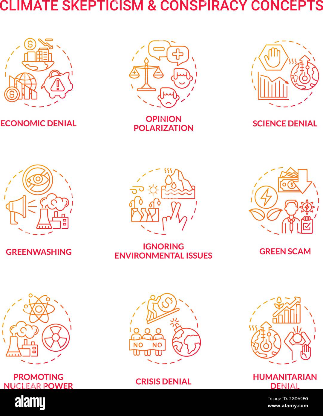 Climate skepticism and conspiracy gradient concept icons set Stock ...