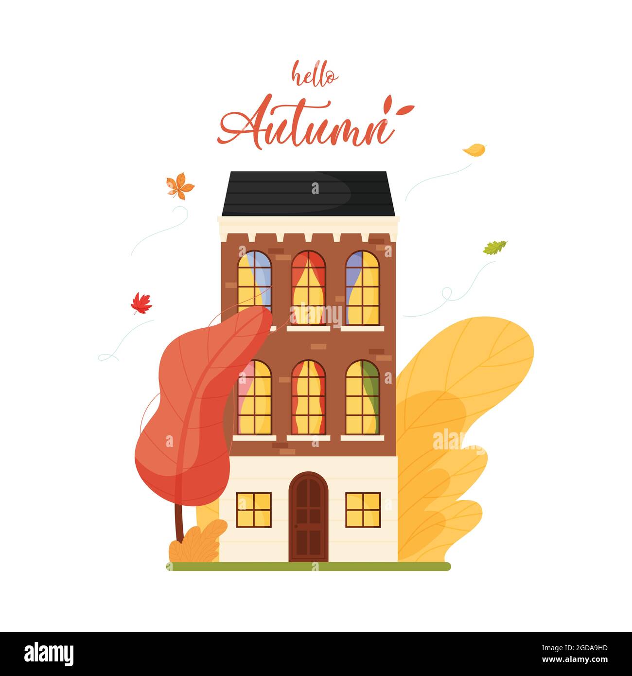 Hello Autumn. Fall season, urban townhouse, windy weather. Cartoon flat ...