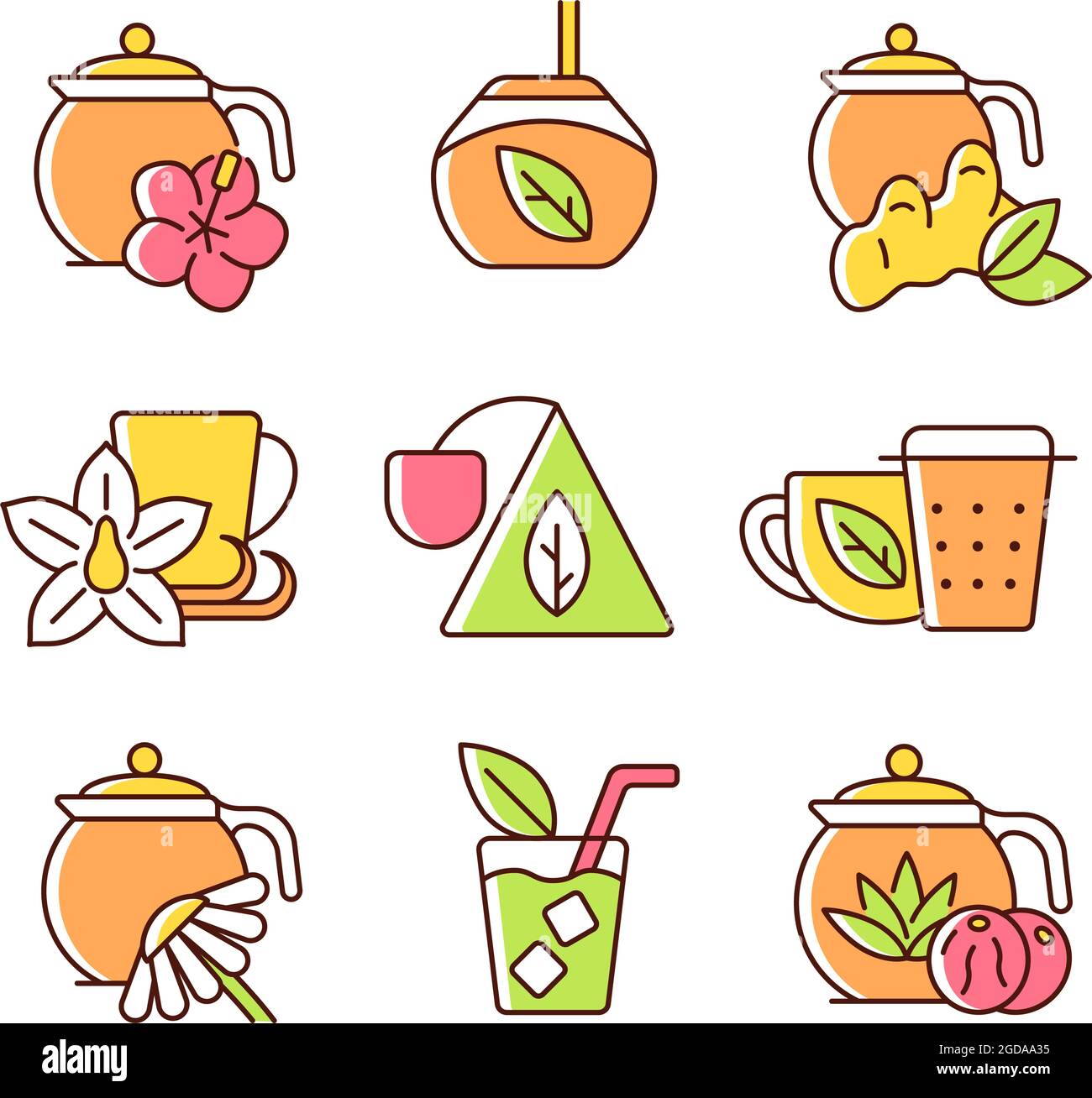 Tea and tea-like beverages RGB color icons set Stock Vector Image & Art ...