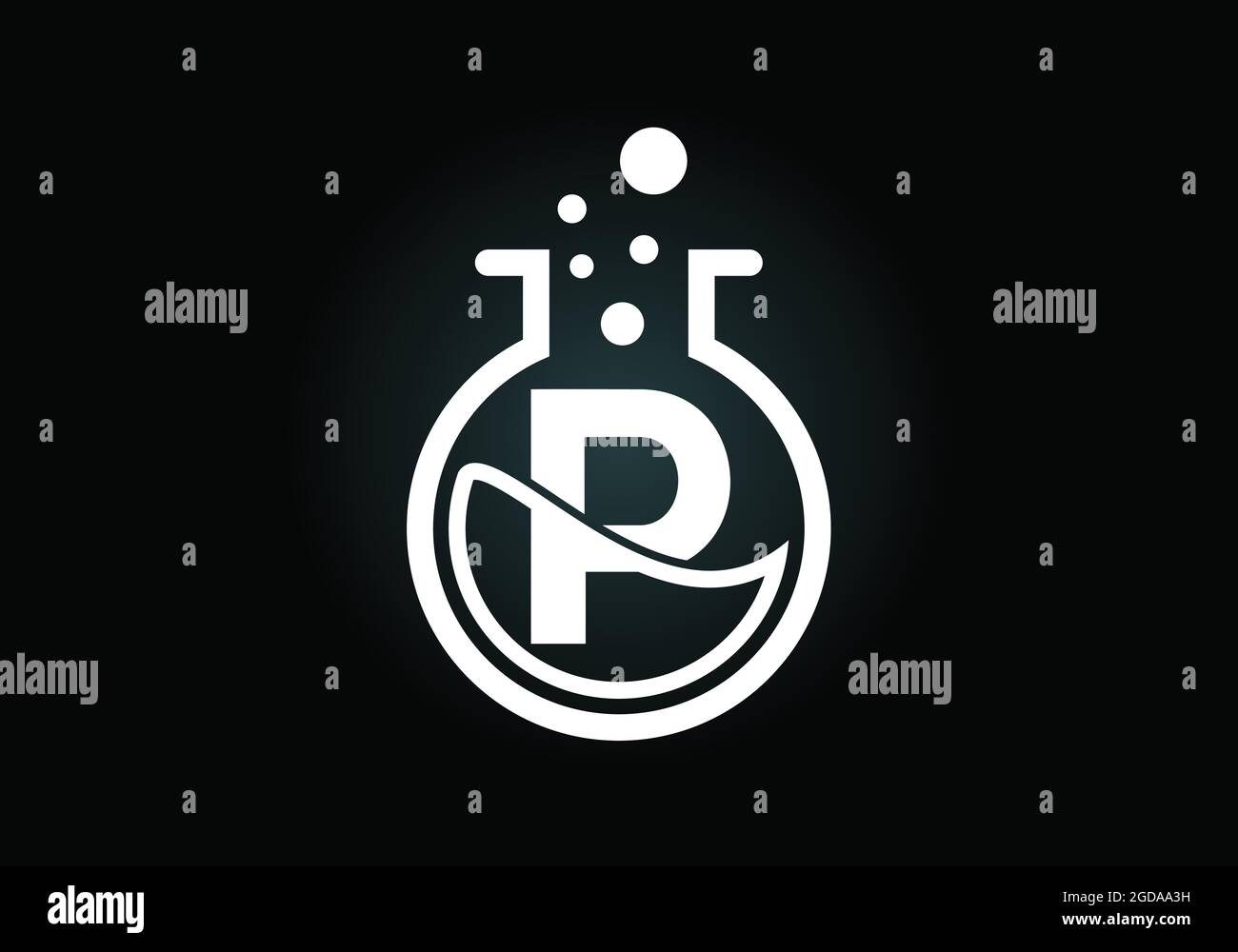 Initial P monogram alphabet with lab glass, chemical liquid, and ...