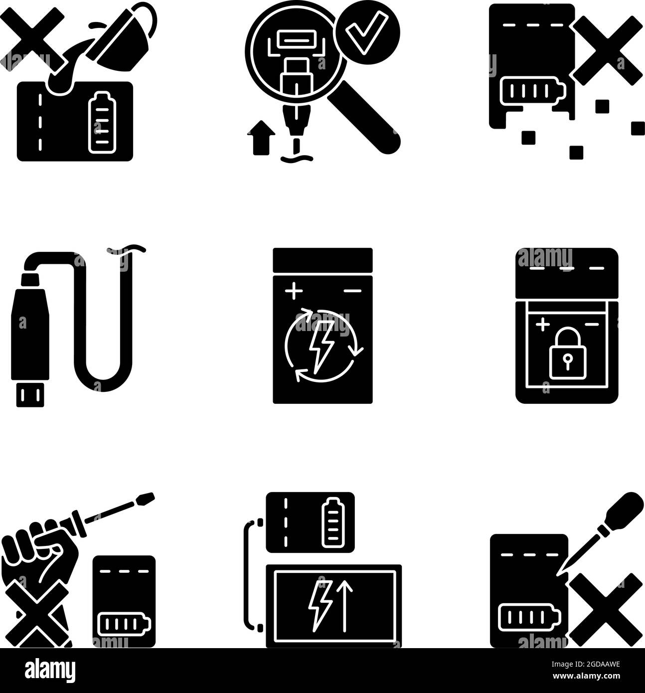 Portable charger care black glyph manual label icons set on white space ...