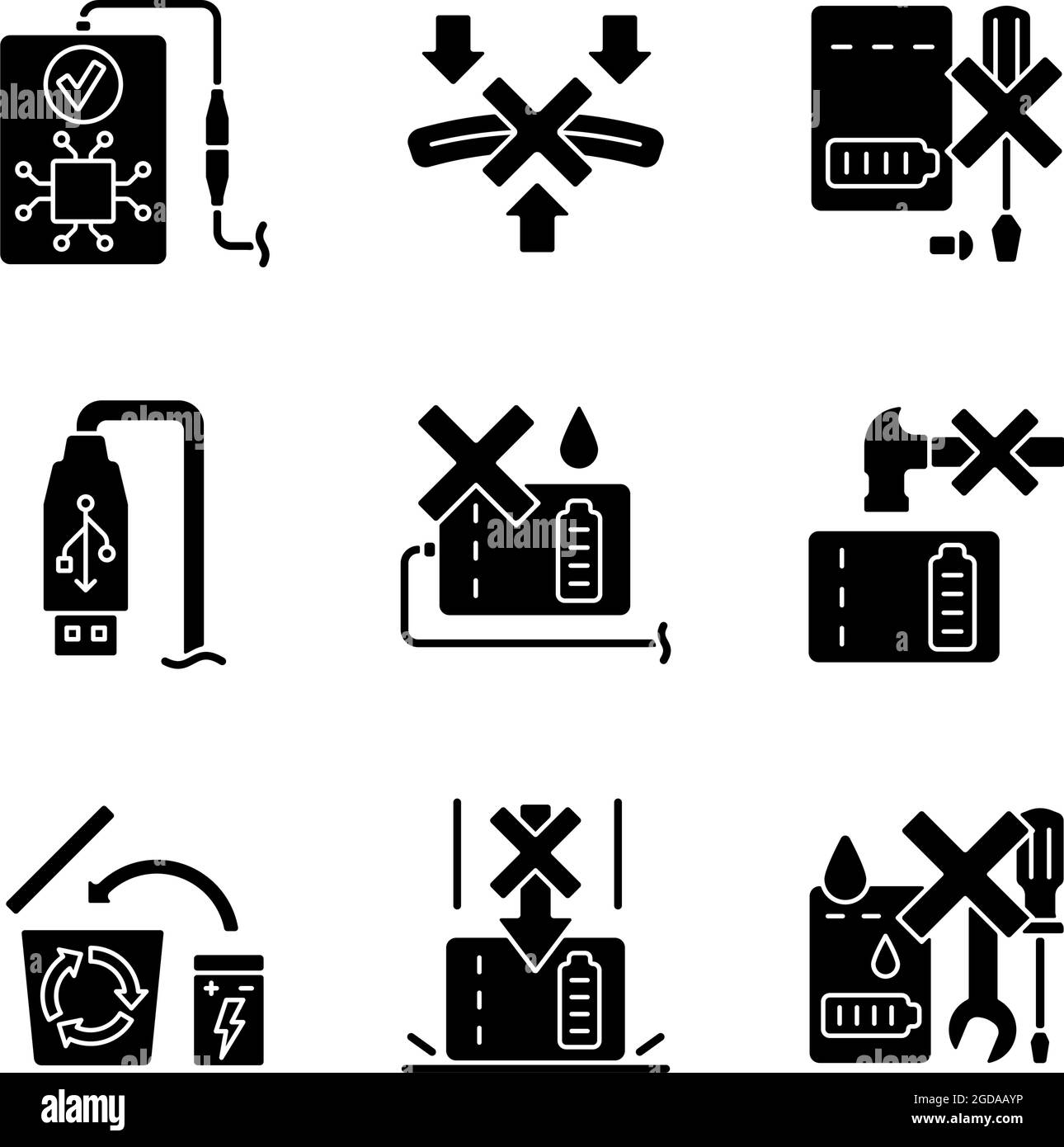 Power bank instruction black glyph manual label icons set on white ...