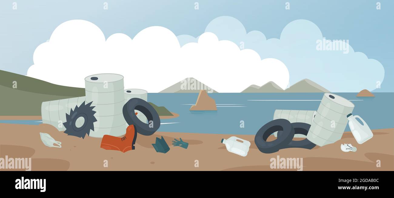 Waste garbage dump on polluted beach nature landscape, pollution eco ...