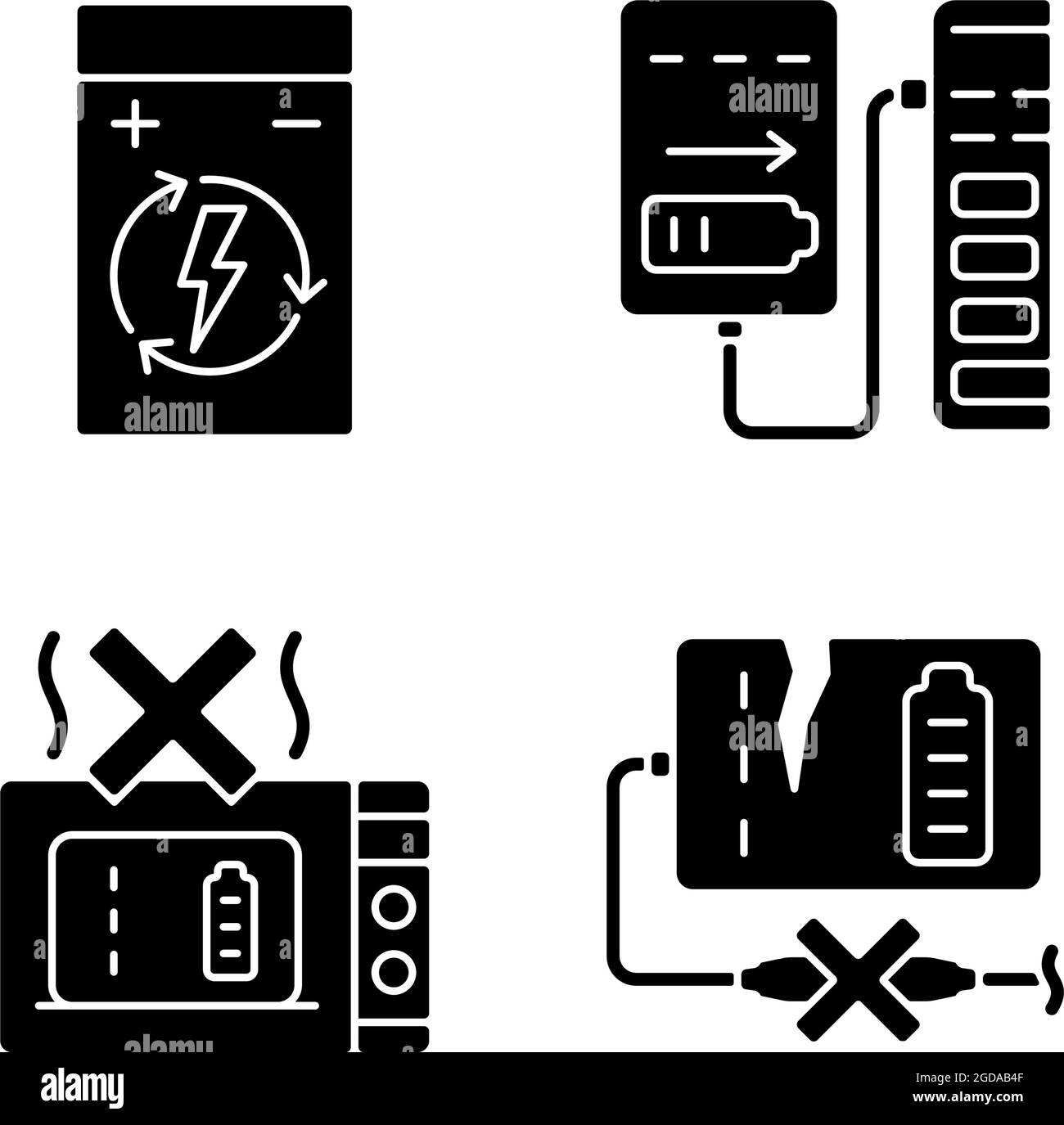 Effective portable charger use black glyph manual label icons set on ...