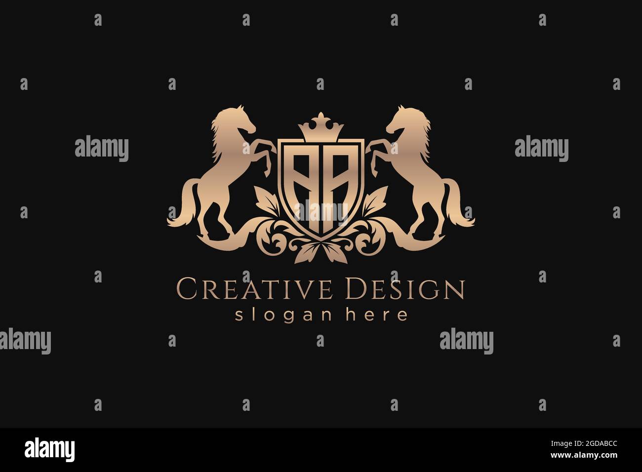 AA Retro golden crest with shield and two horses, badge template with ...