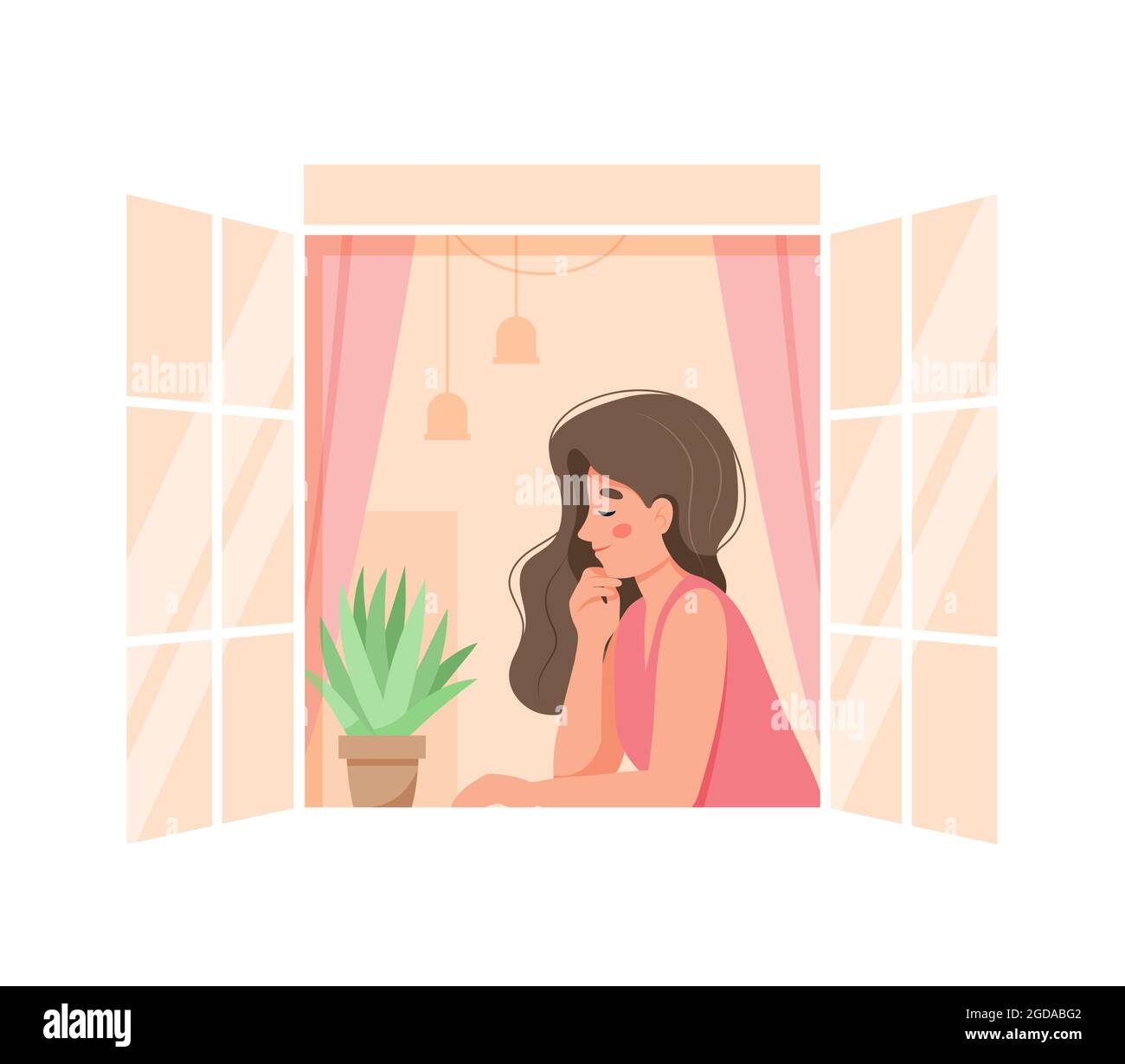 Woman at an open window at home relaxing. Cute and cozy vector ...