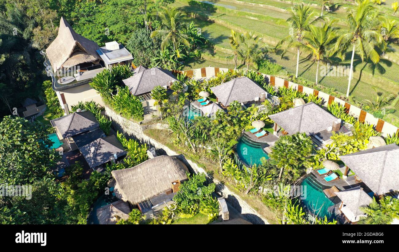 Aerial view of beautifully landscaped recreation house cottage complex ...