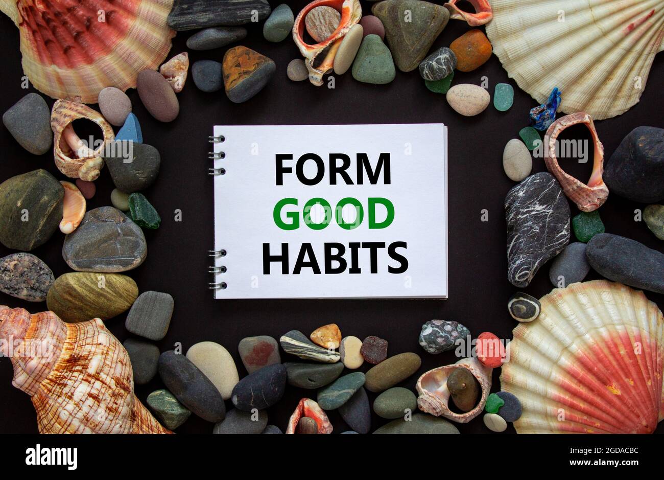 Form good habits symbol. Words 'Form good habits' on white note, black ...