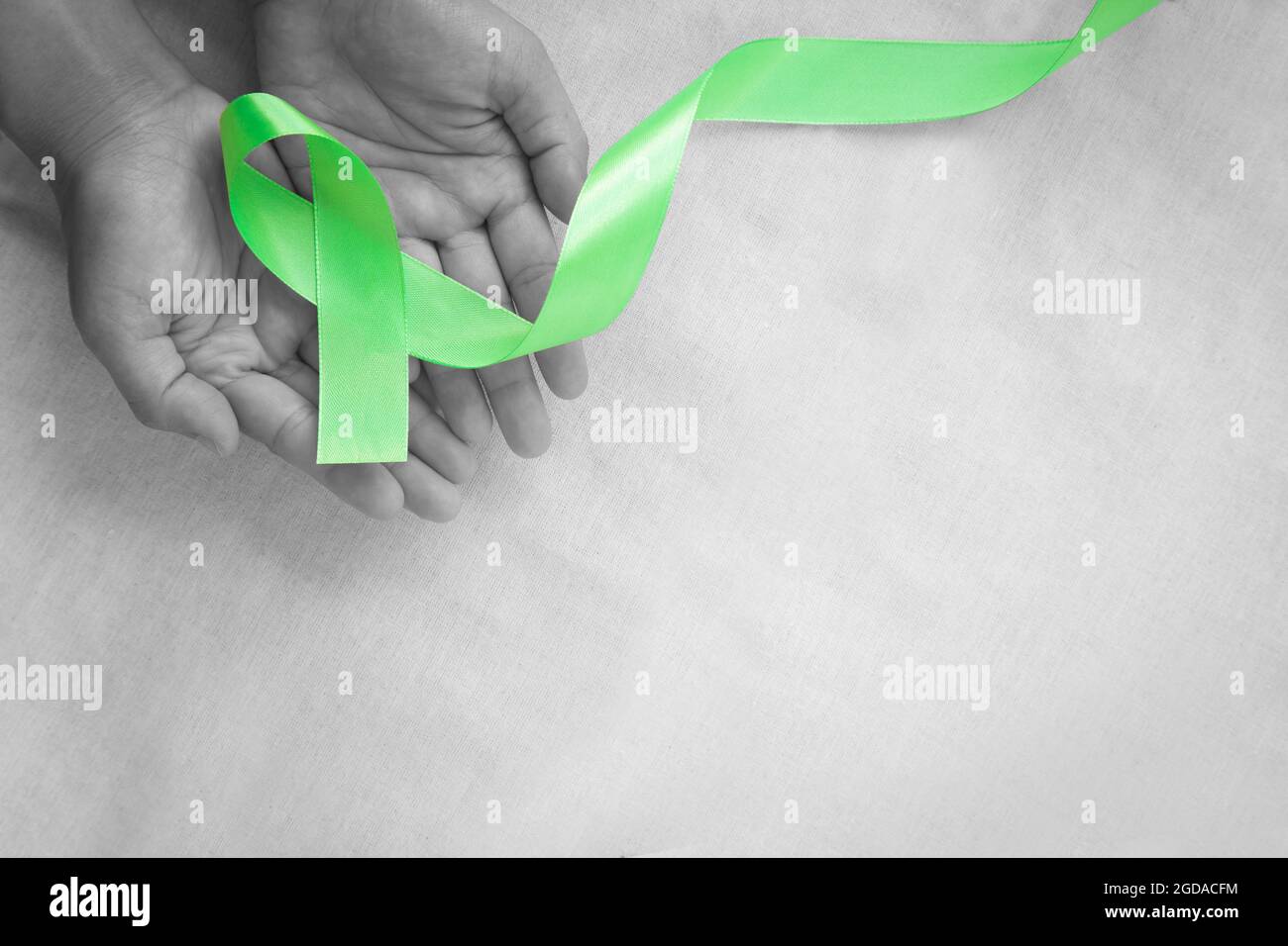 Hands holding emerald green or jade green ribbon on white fabric ...