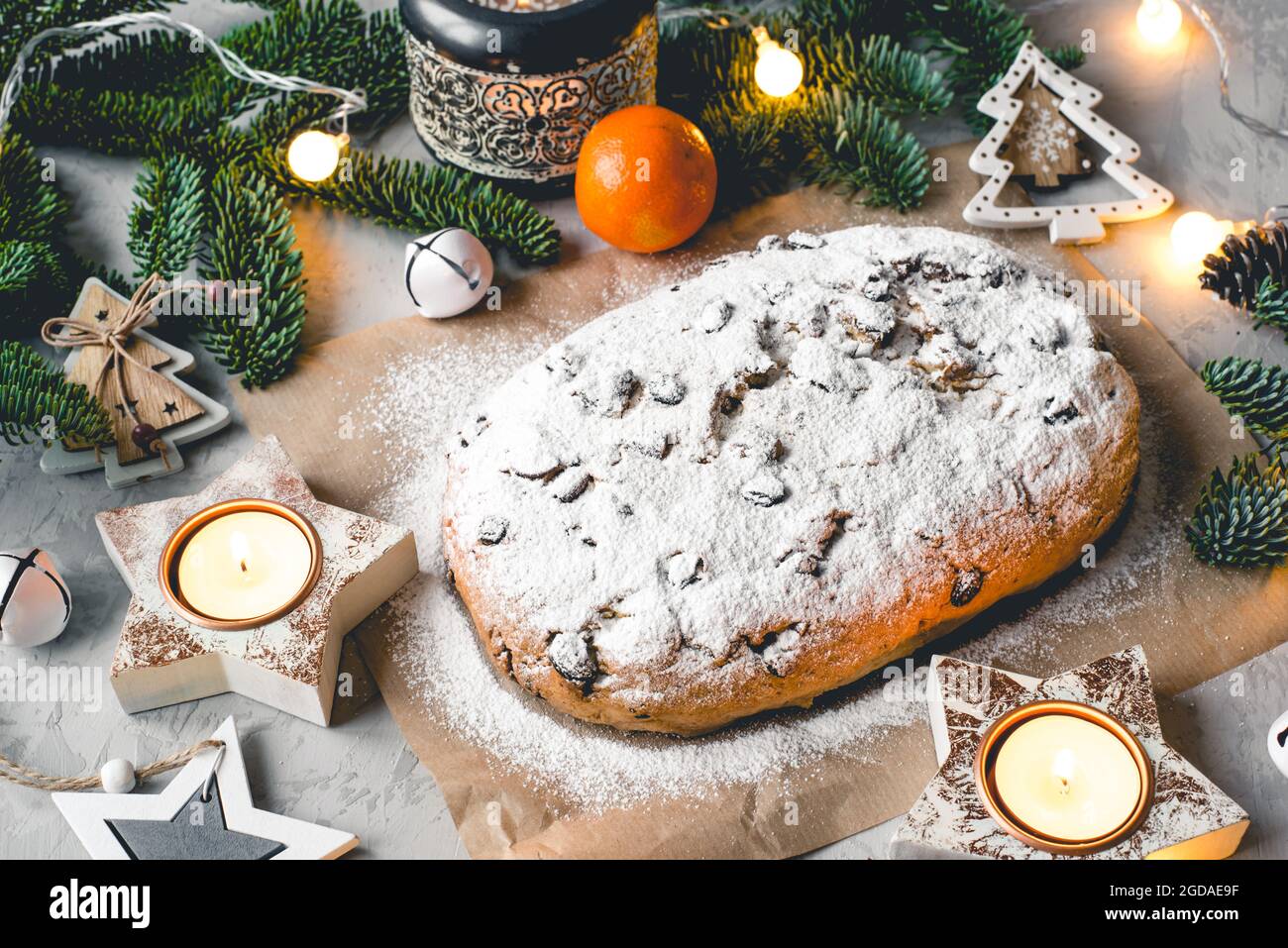 Traditional german stollen cake with Christmas decorations Stock Photo ...