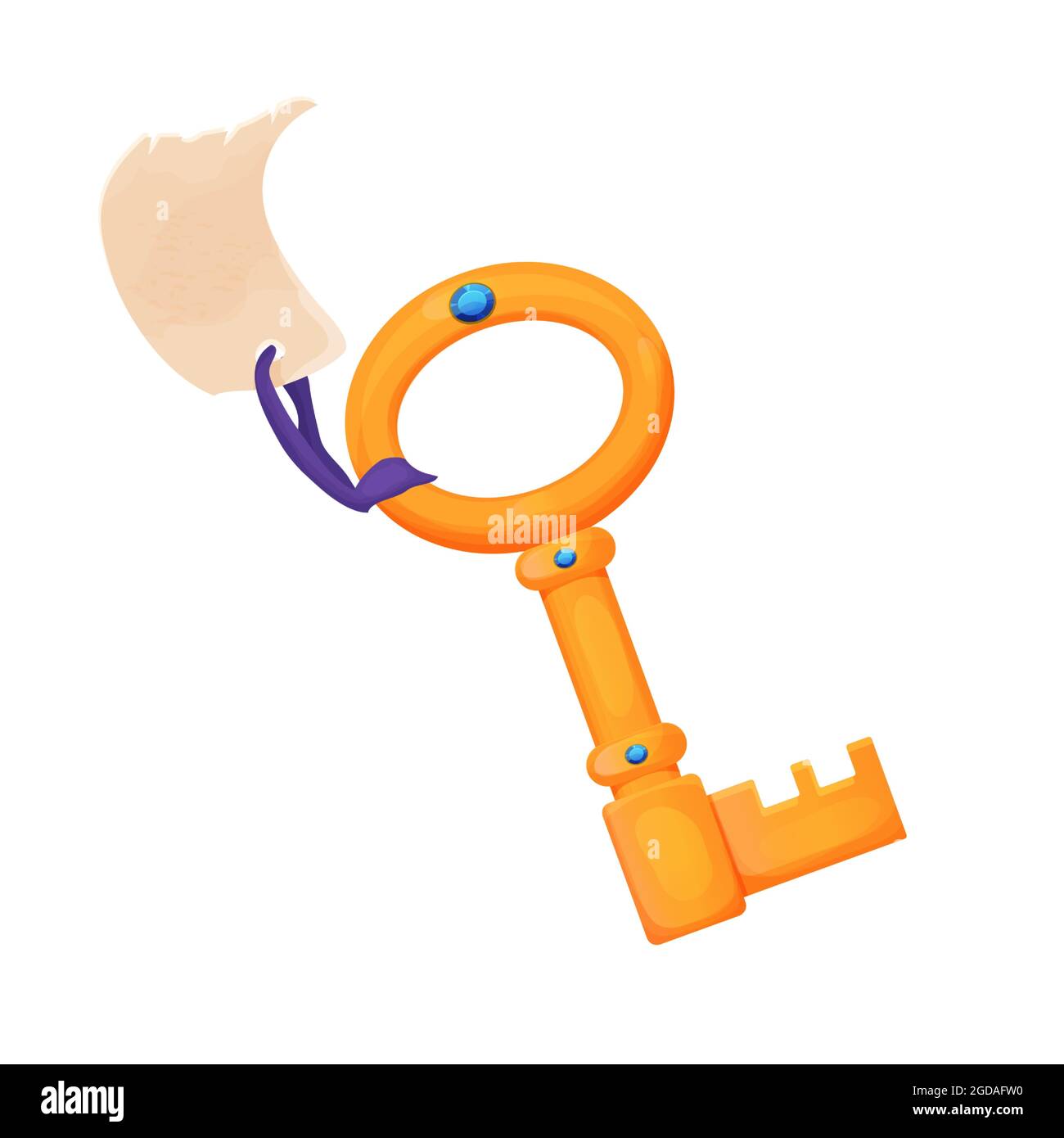 Golden key with gem stones and ribbon, ancient castle tool in cartoon ...