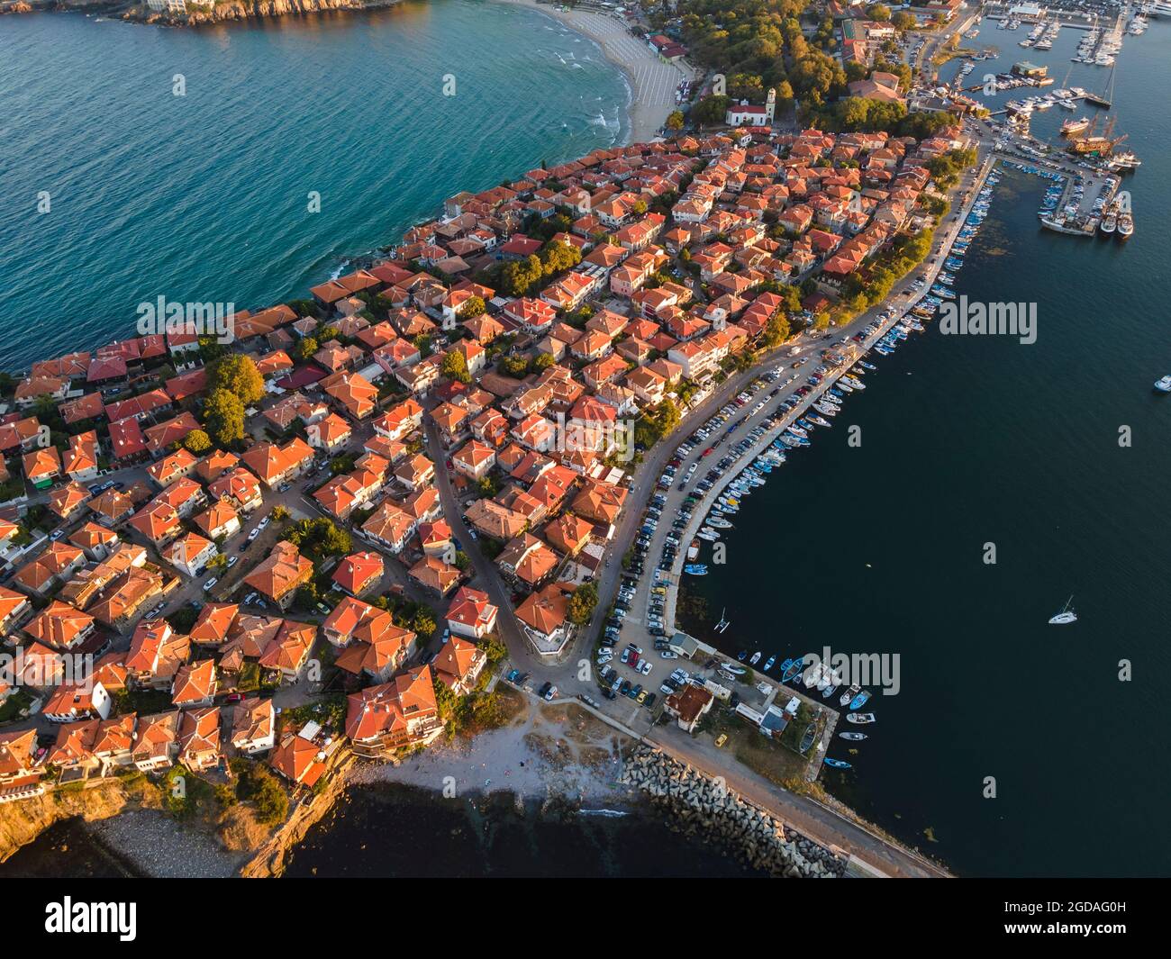 Amazing Aerial sunset view of old town of Sozopol, Burgas Region ...