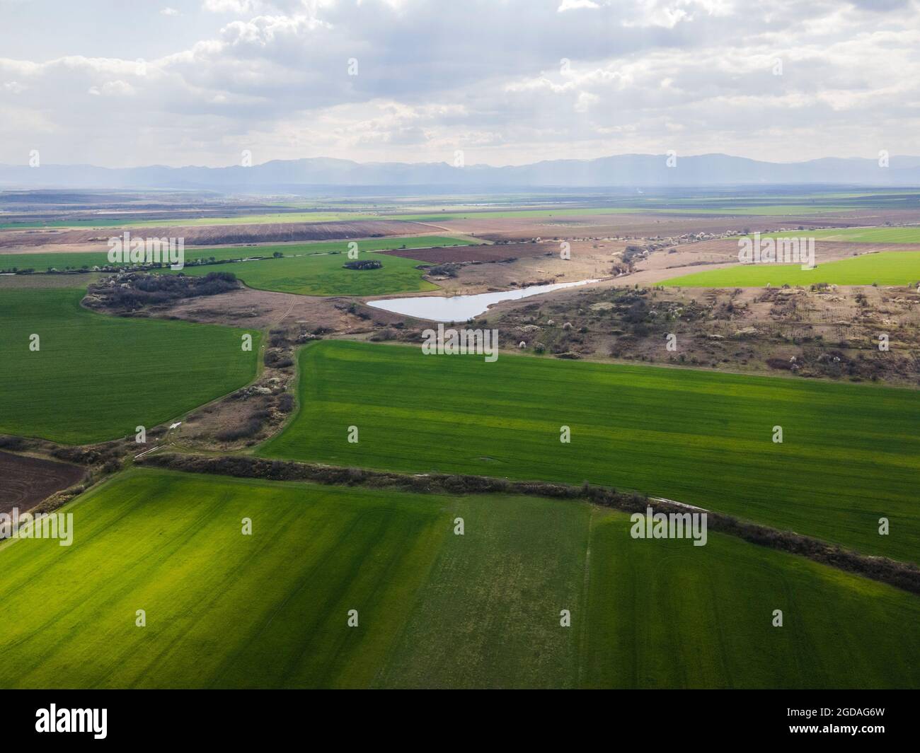 Aerial view of Upper Thracian Plain near town of Parvomay, Plovdiv ...