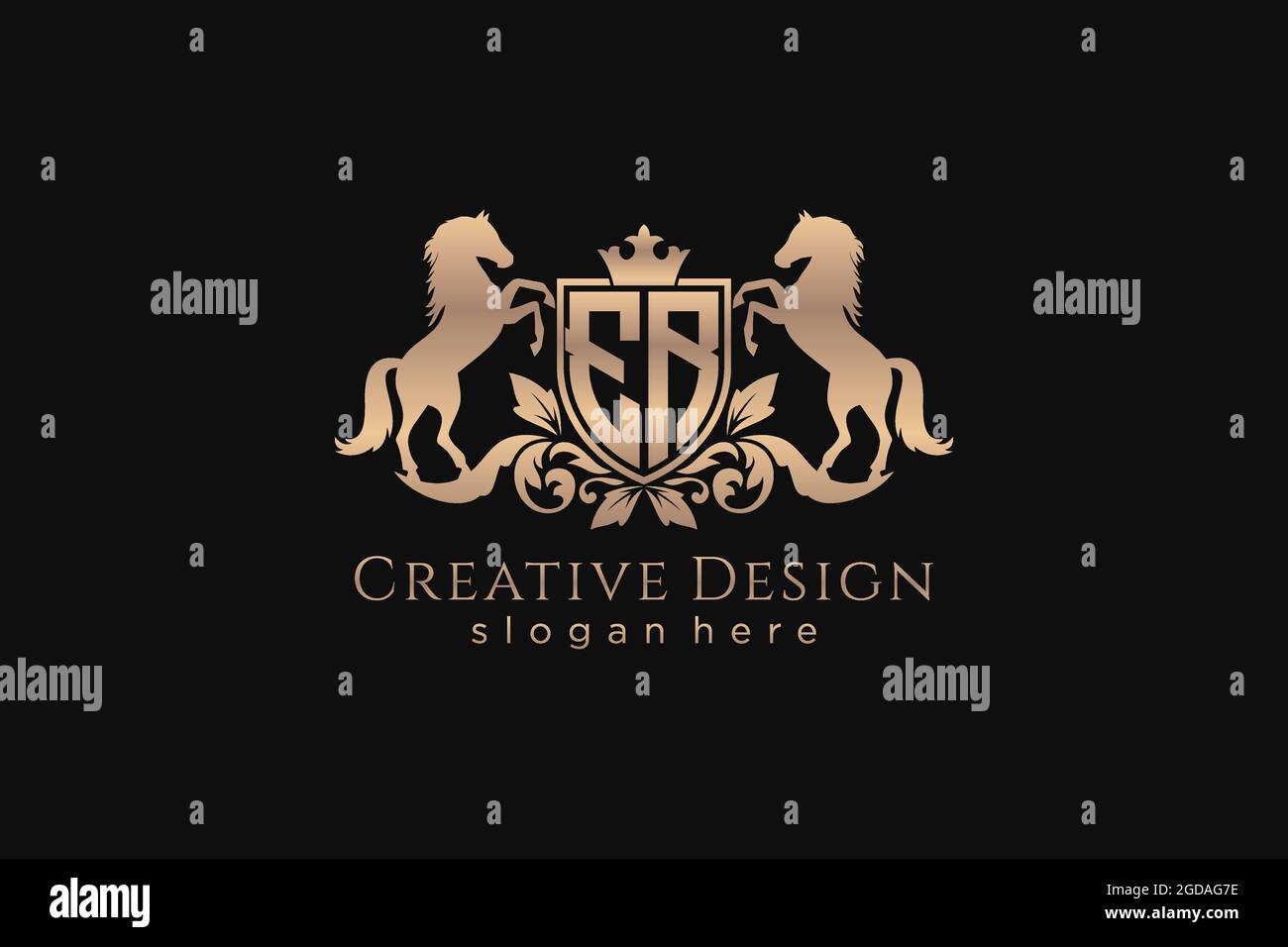 ER Retro golden crest with shield and two horses, badge template with ...