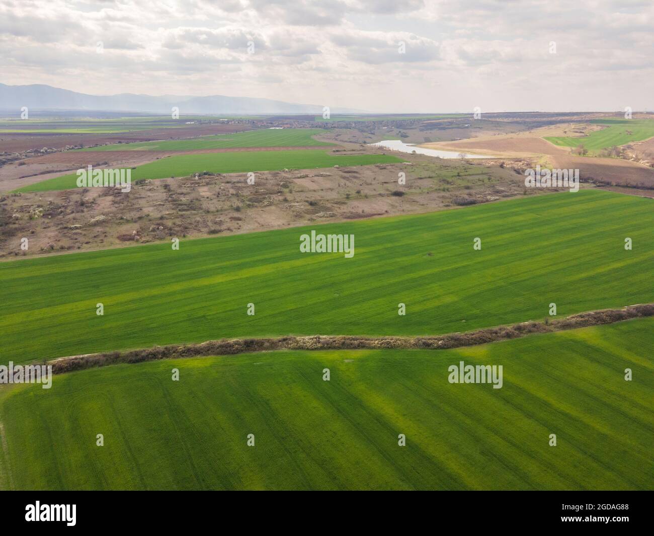 Aerial view of Upper Thracian Plain near town of Parvomay, Plovdiv ...