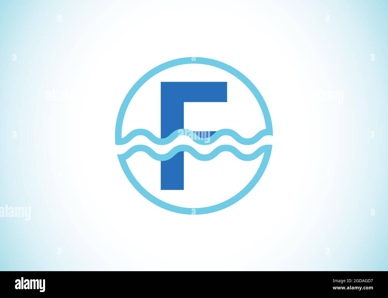 Initial F monogram alphabet in a circle with water waves. Water wave ...