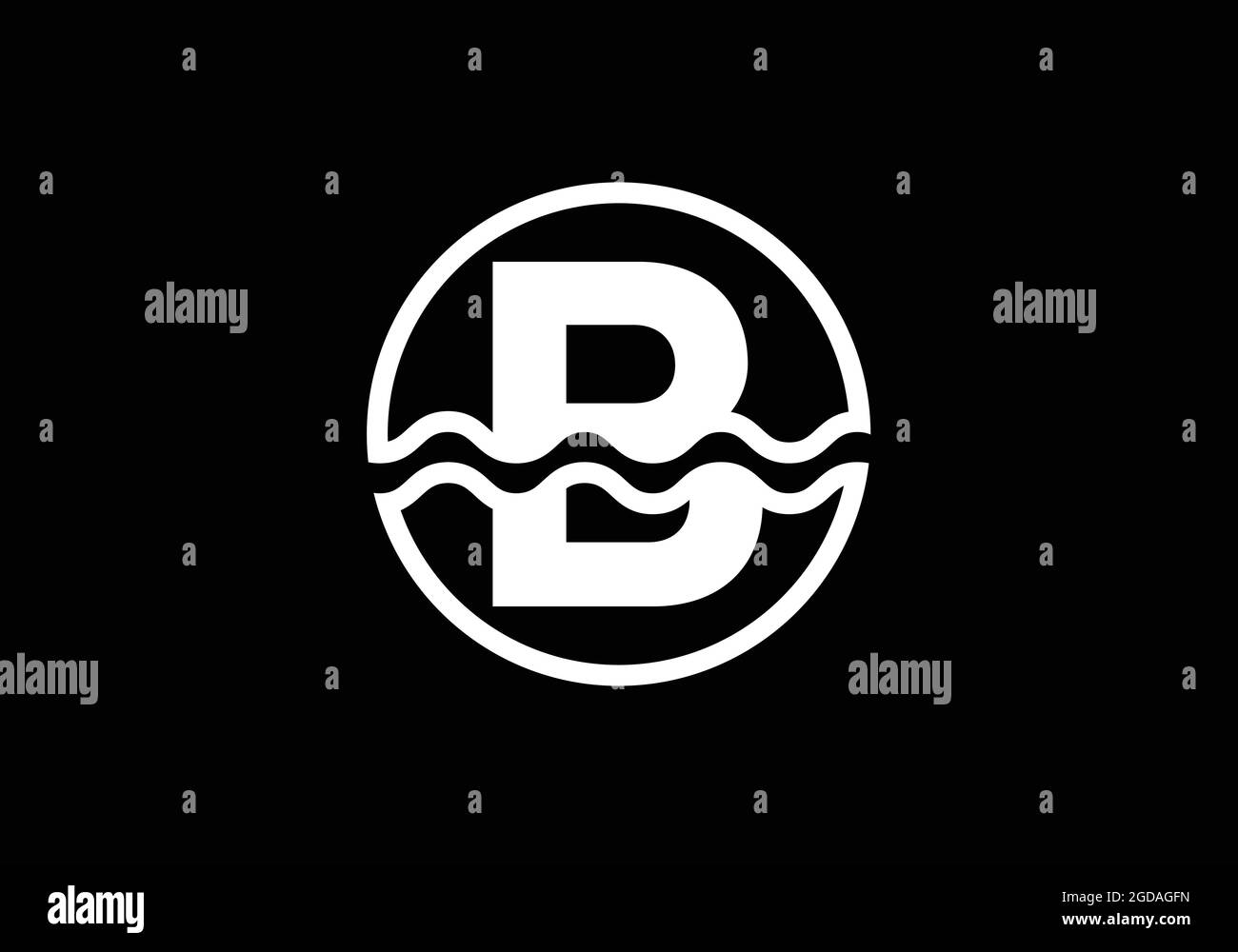 Initial B monogram alphabet in a circle with water waves. Water wave ...