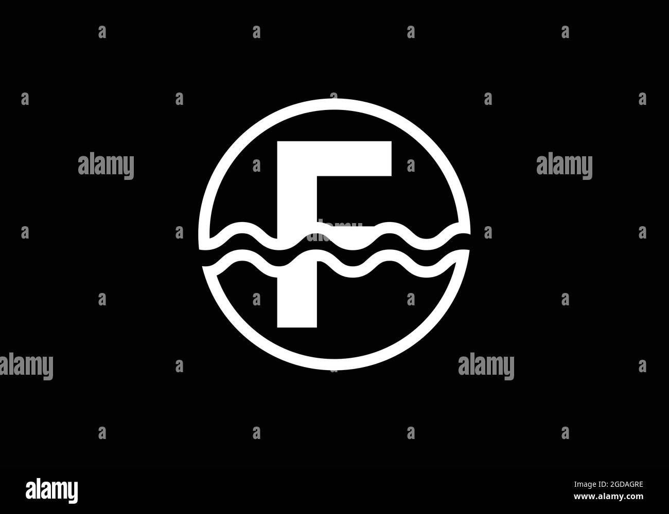 Initial F monogram alphabet in a circle with water waves. Water wave ...