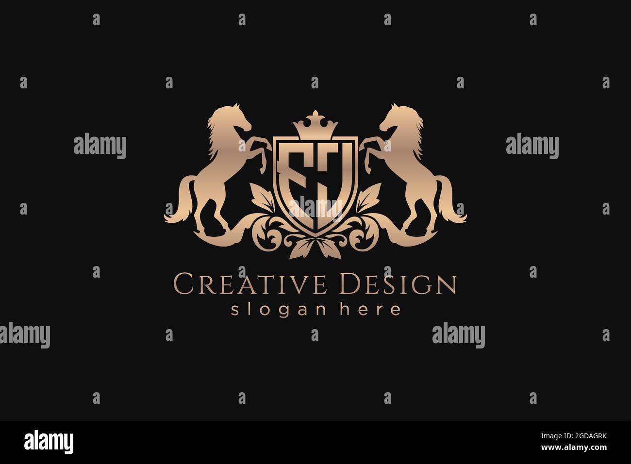 FJ Retro golden crest with shield and two horses, badge template with ...