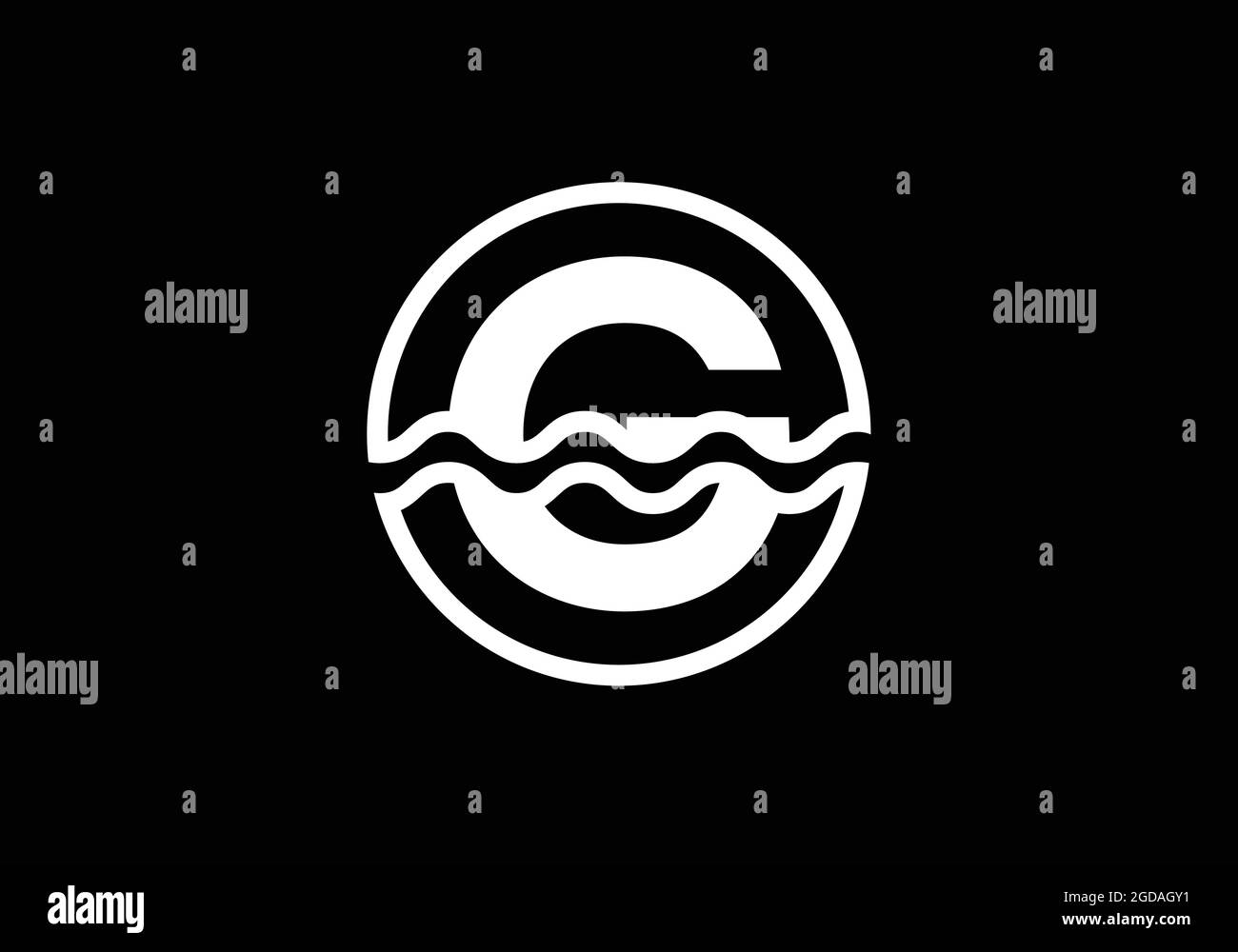 Initial G monogram alphabet in a circle with water waves. Water wave ...