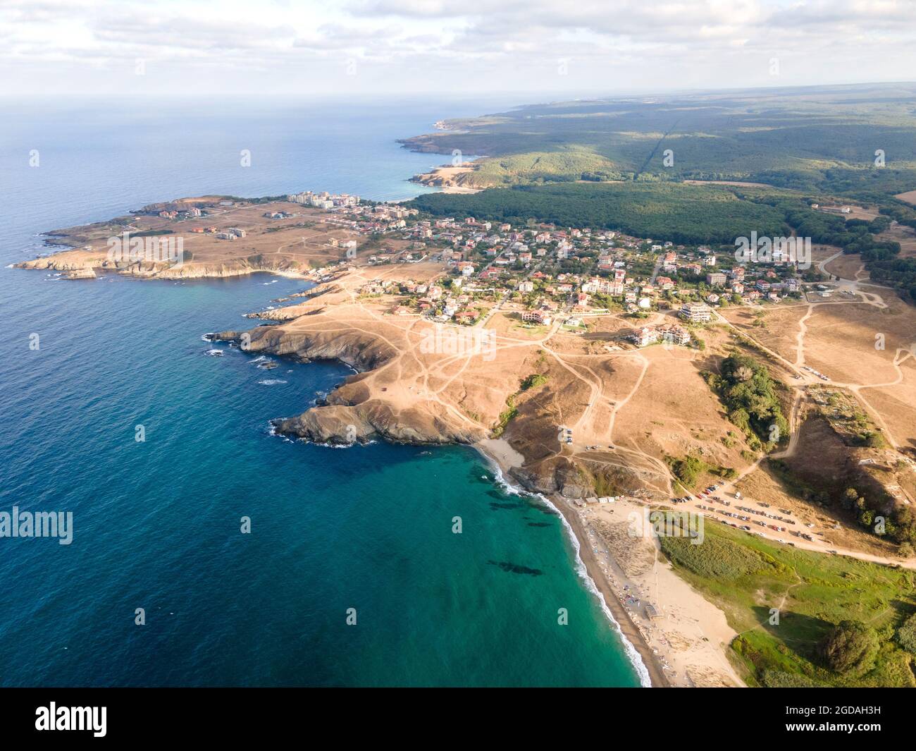 Aerial view of beach at the mouth of the Veleka River, Sinemorets ...