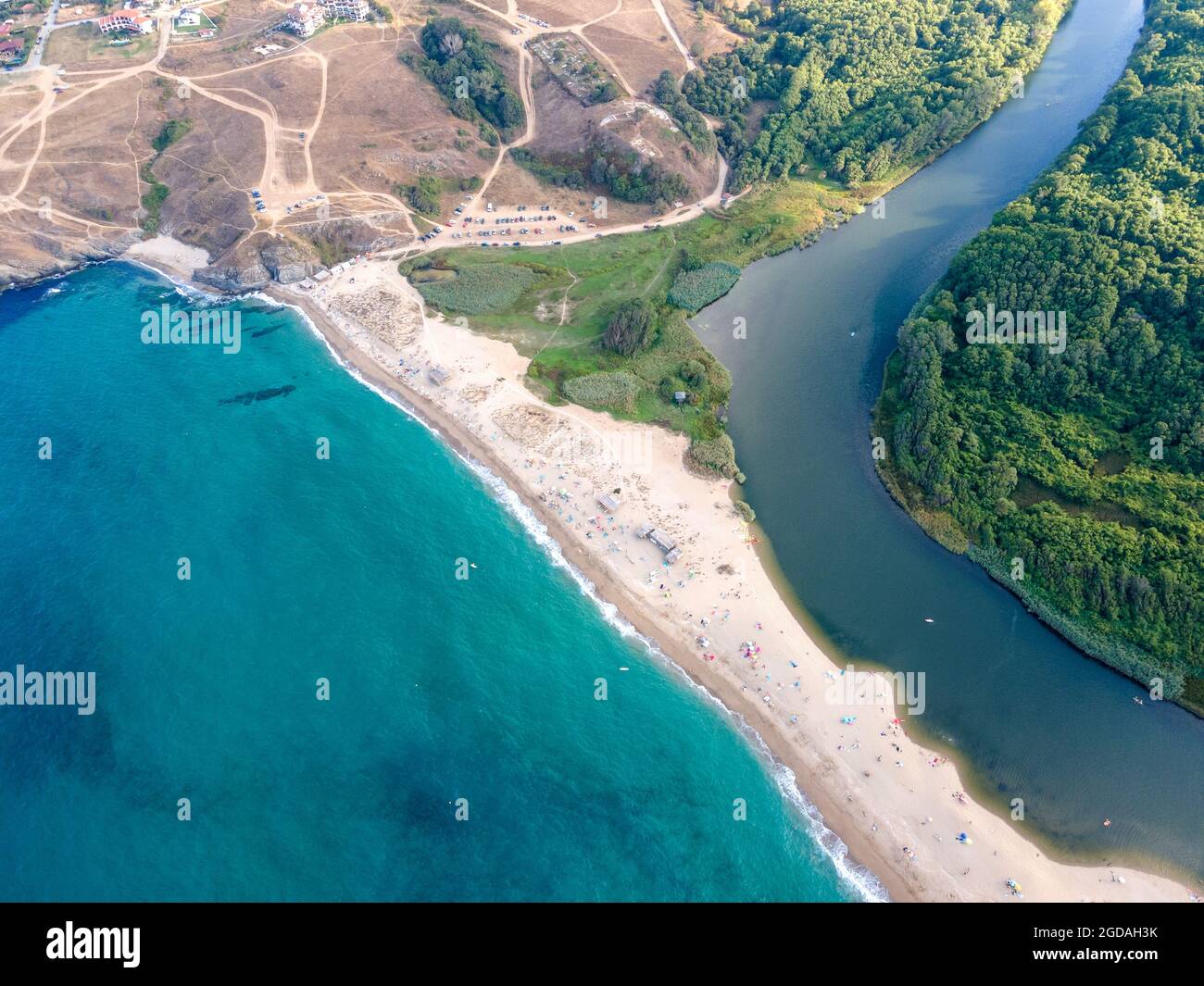 Aerial view of beach at the mouth of the Veleka River, Sinemorets ...