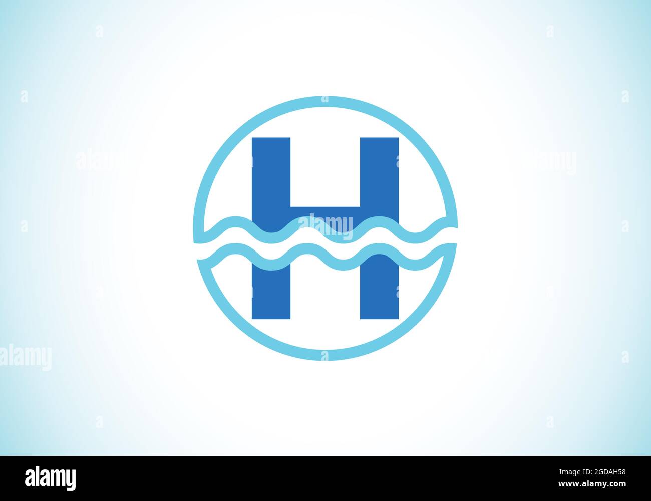Initial H monogram alphabet in a circle with water waves. Water wave ...