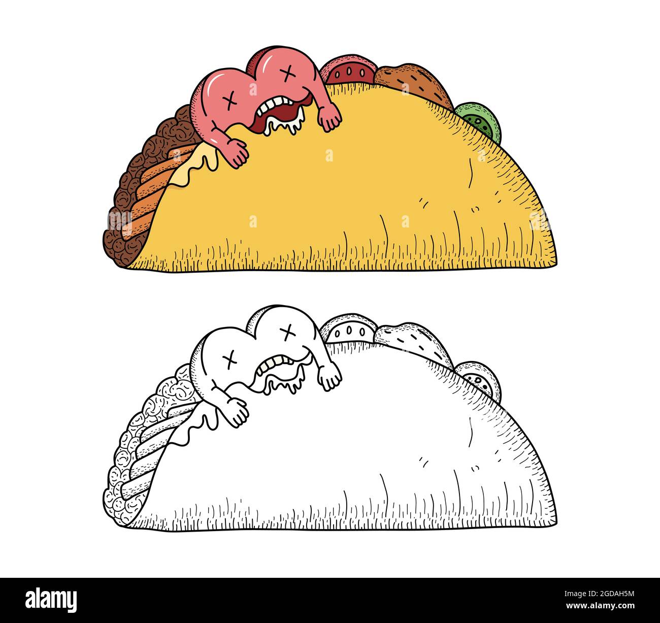 Taco lover is a cute and funny cartoon illustration. Heart and tacos ...
