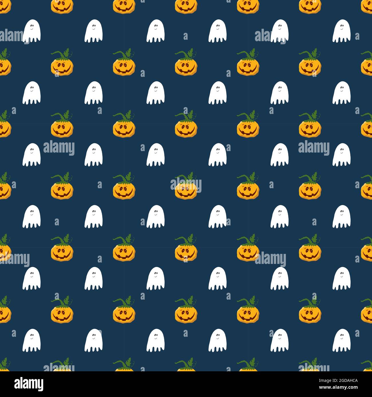 Halloween seamless pattern design. Cute cartoon pumpkin and ghost ...