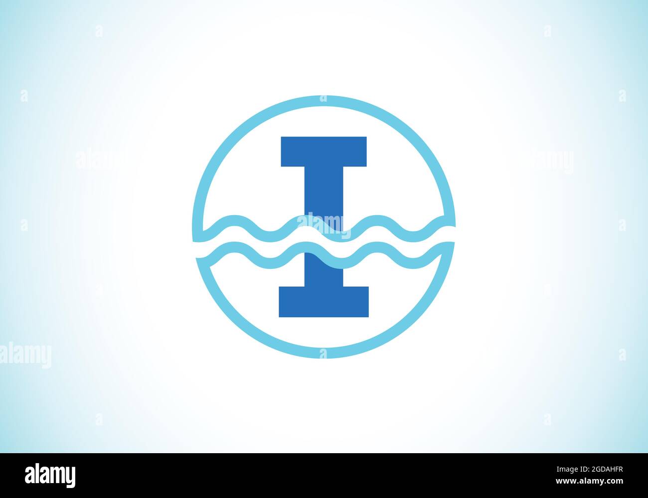 Initial I monogram alphabet in a circle with water waves. Water wave ...