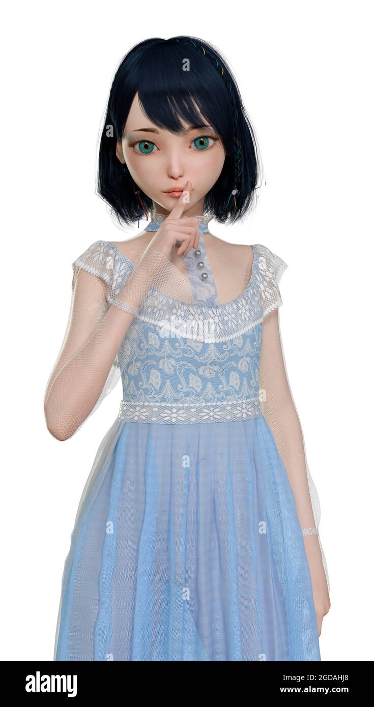 3D rendering of a pretty doll in a blue vintage dress isolated on white ...