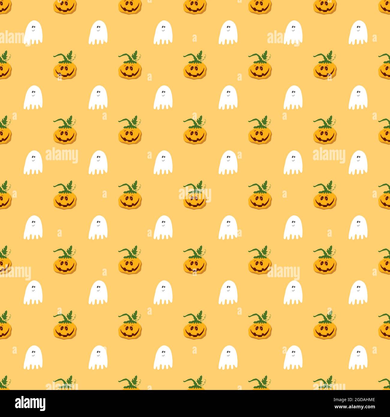 Halloween seamless pattern design. Cute cartoon pumpkin and ghost ...