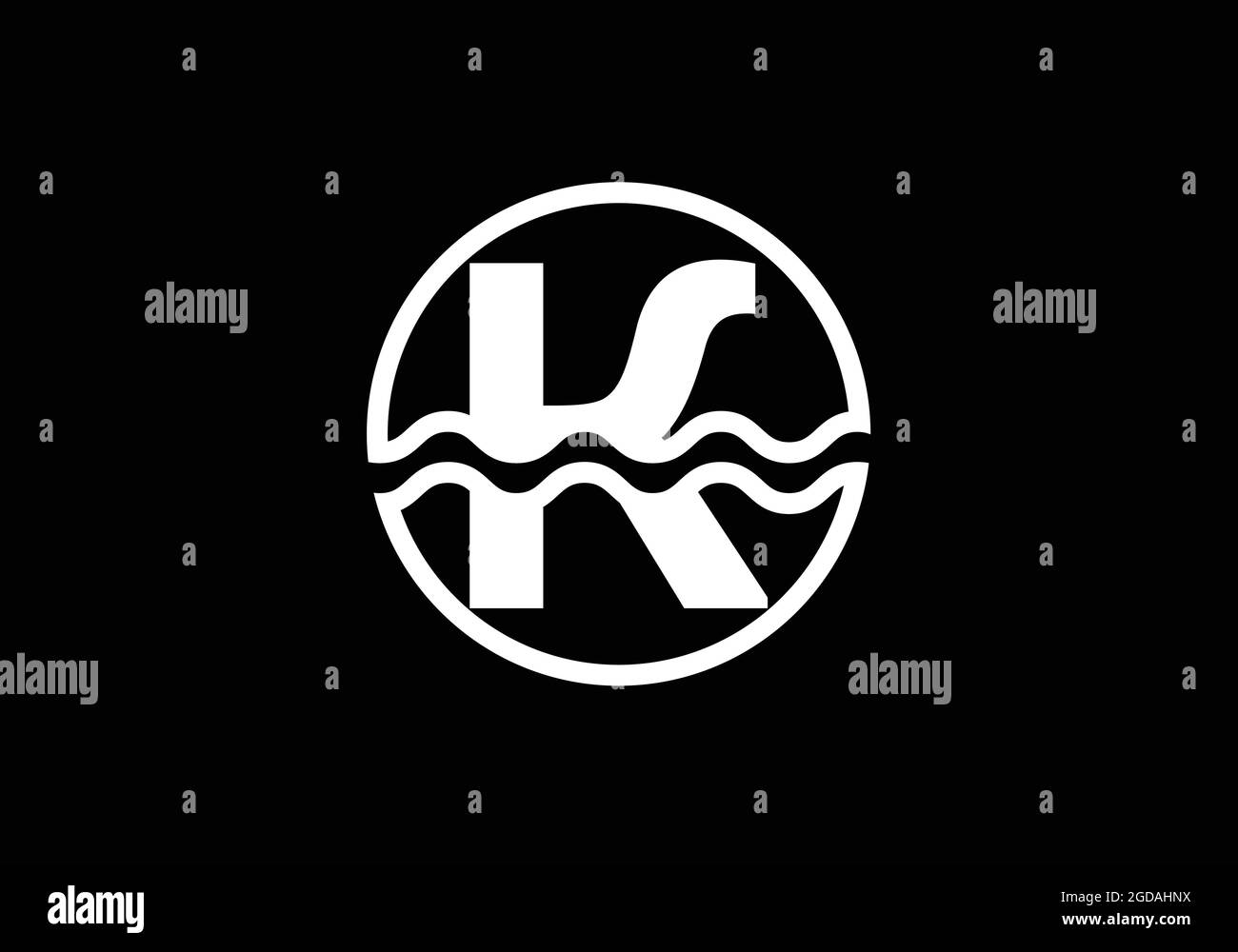 Initial K monogram alphabet in a circle with water waves. Water wave ...