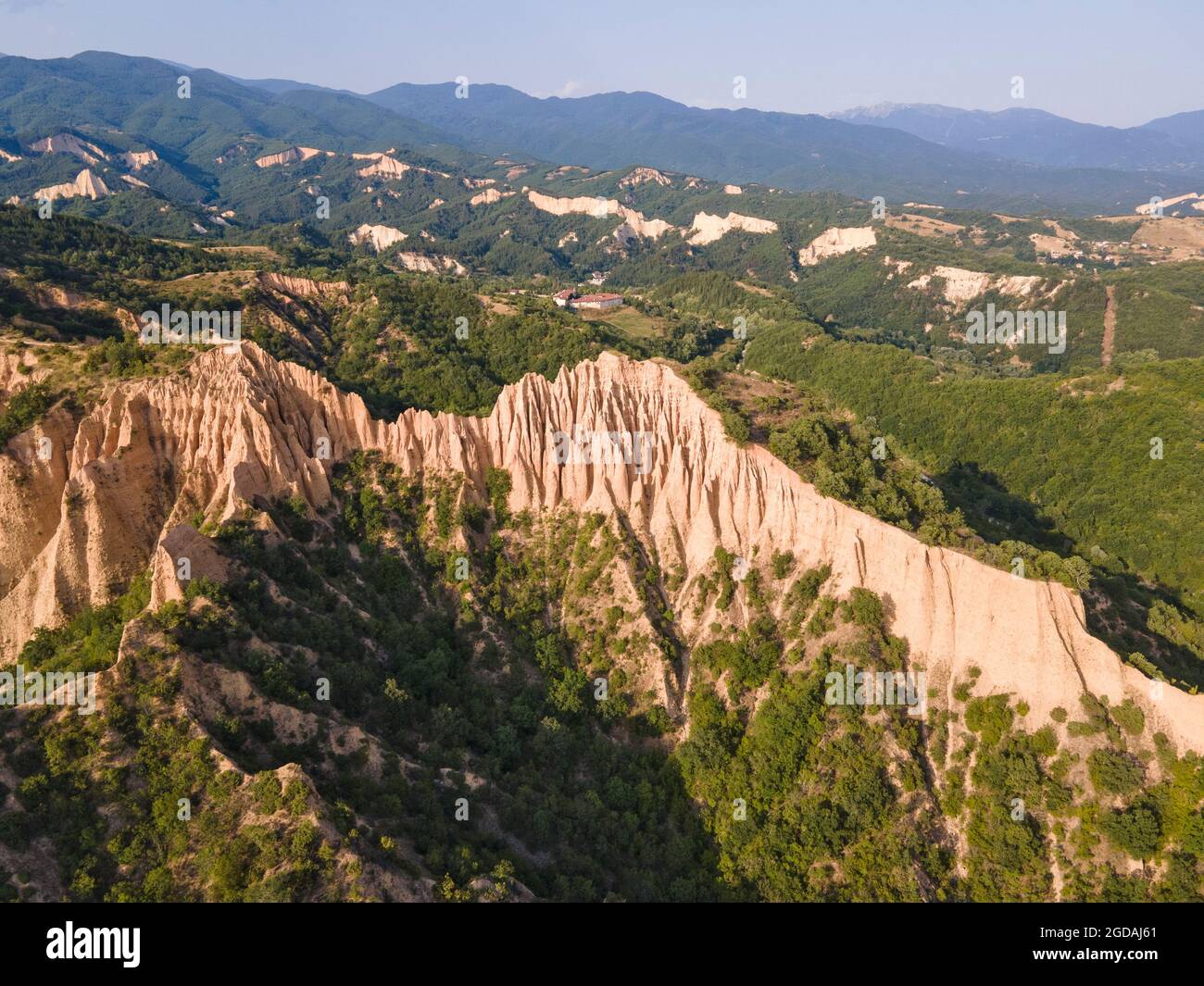 Aerial sunset view of Rozhen sand pyramids, Blagoevgrad region ...
