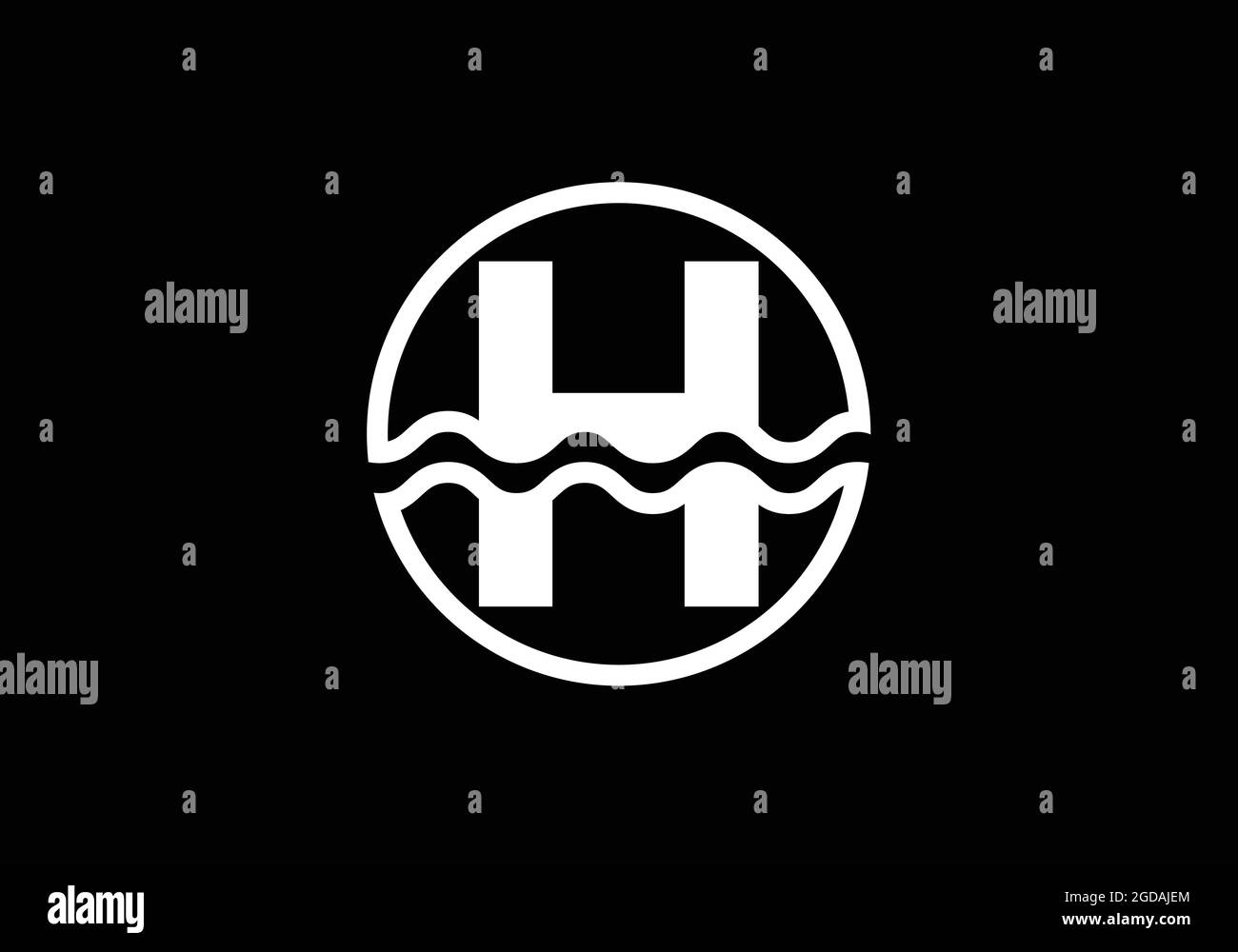 Initial H monogram alphabet in a circle with water waves. Water wave ...