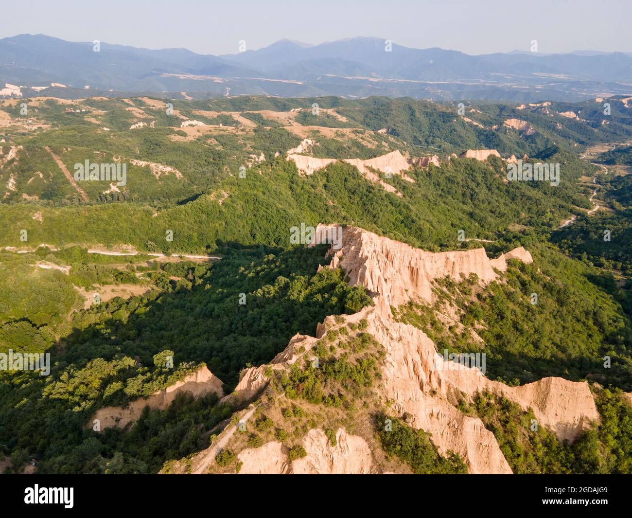 Aerial sunset view of Rozhen sand pyramids, Blagoevgrad region ...