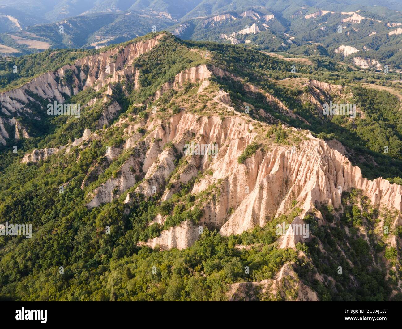 Aerial sunset view of Rozhen sand pyramids, Blagoevgrad region ...