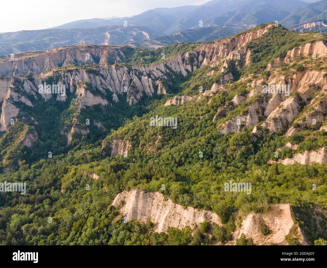 Aerial sunset view of Rozhen sand pyramids, Blagoevgrad region ...