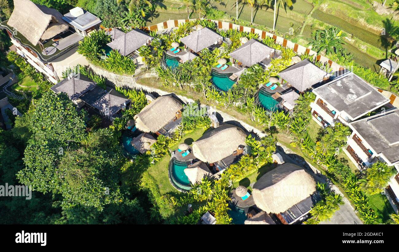 Aerial view Resort Ubud is one of the luxury resorts in Ubud. Top down ...