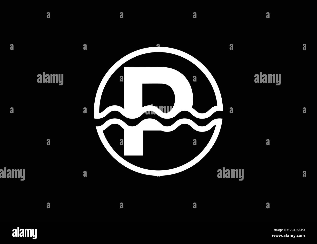 Initial P monogram alphabet in a circle with water waves. Water wave ...