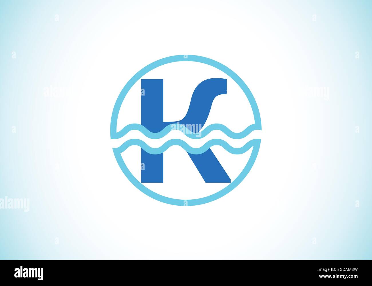 Initial K monogram alphabet in a circle with water waves. Water wave ...