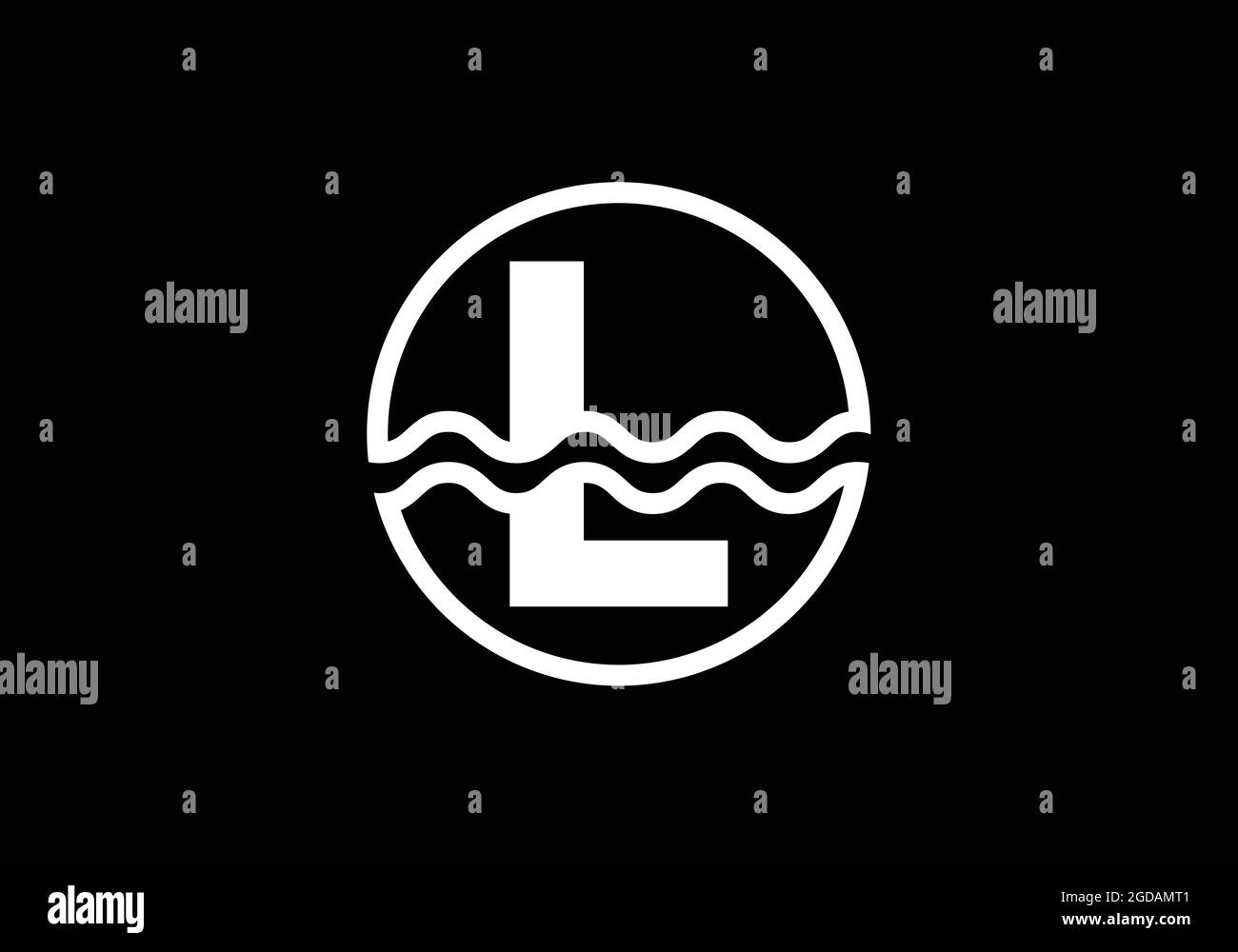 Initial L monogram alphabet in a circle with water waves. Water wave ...
