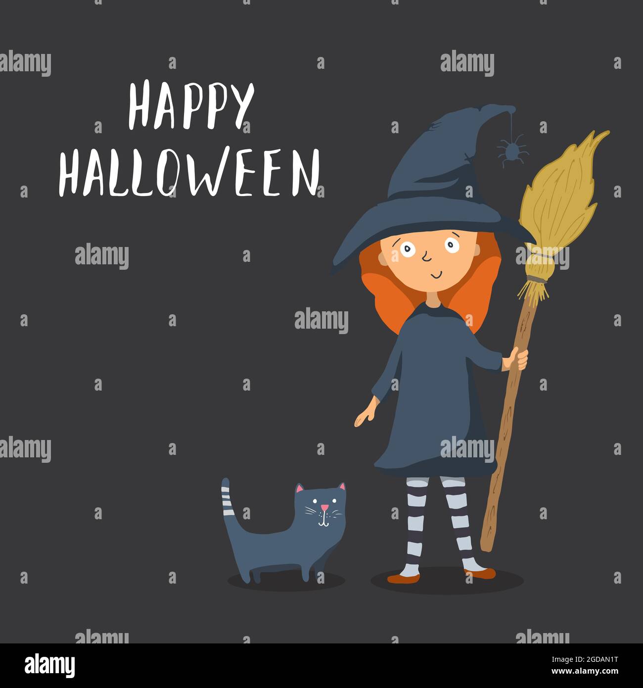 Halloween greeting card. Cute witch with cat, party invitation or ...