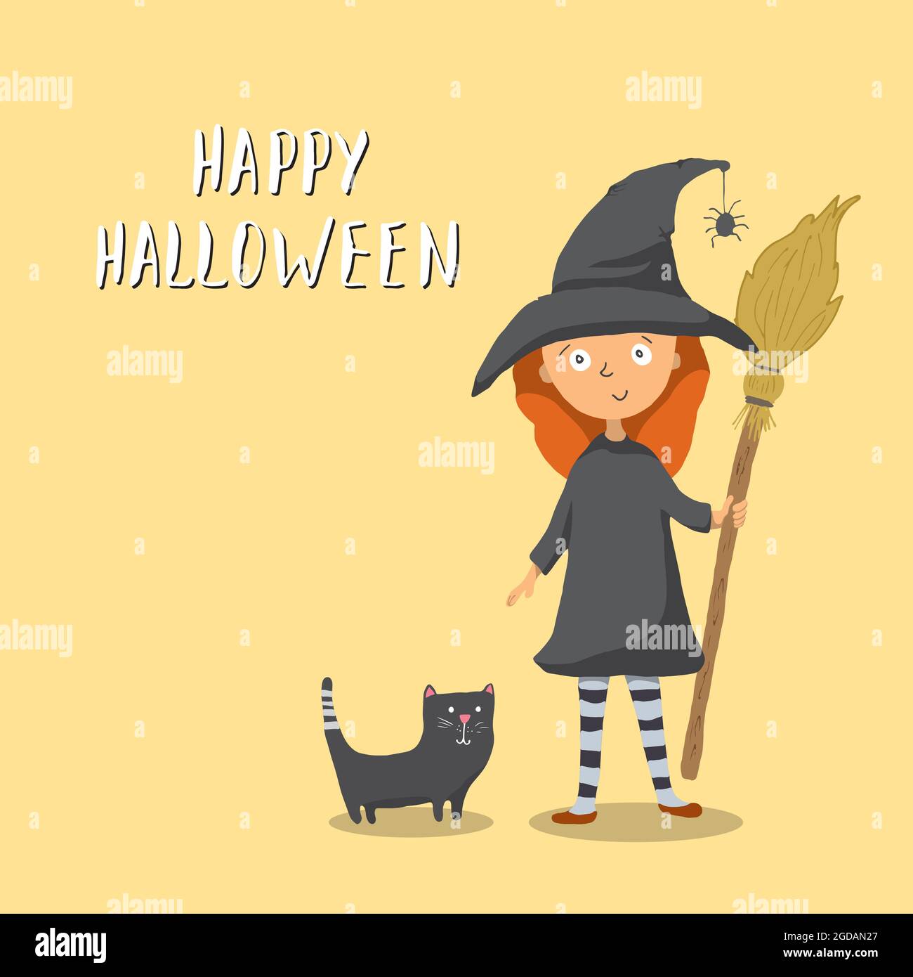 Halloween greeting card. Cute witch with cat, party invitation or ...